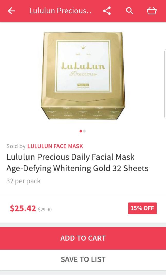 Lululun Precious Age-Defying Whitening Gold Daily Facial Mask, Beauty & Personal Care, Face ...