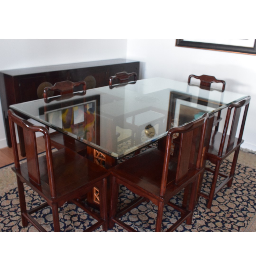 Lattice Leg Dining Table w/ 6 Carved Medallion Chairs, Furniture & Home ...