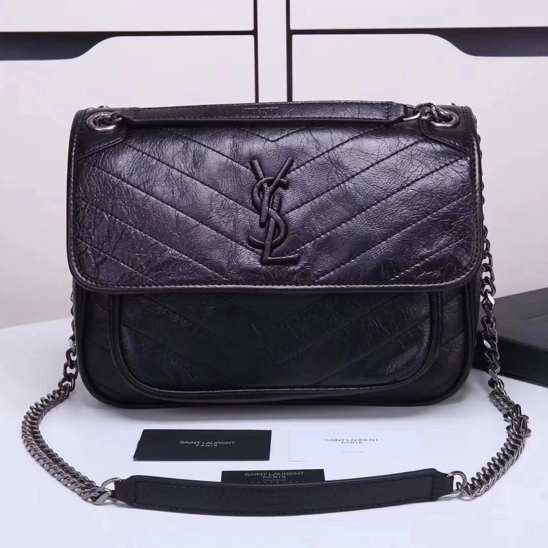 YSL Saint Laurent Medium Niki Chain Bag In Crinkled And Quilted Fog