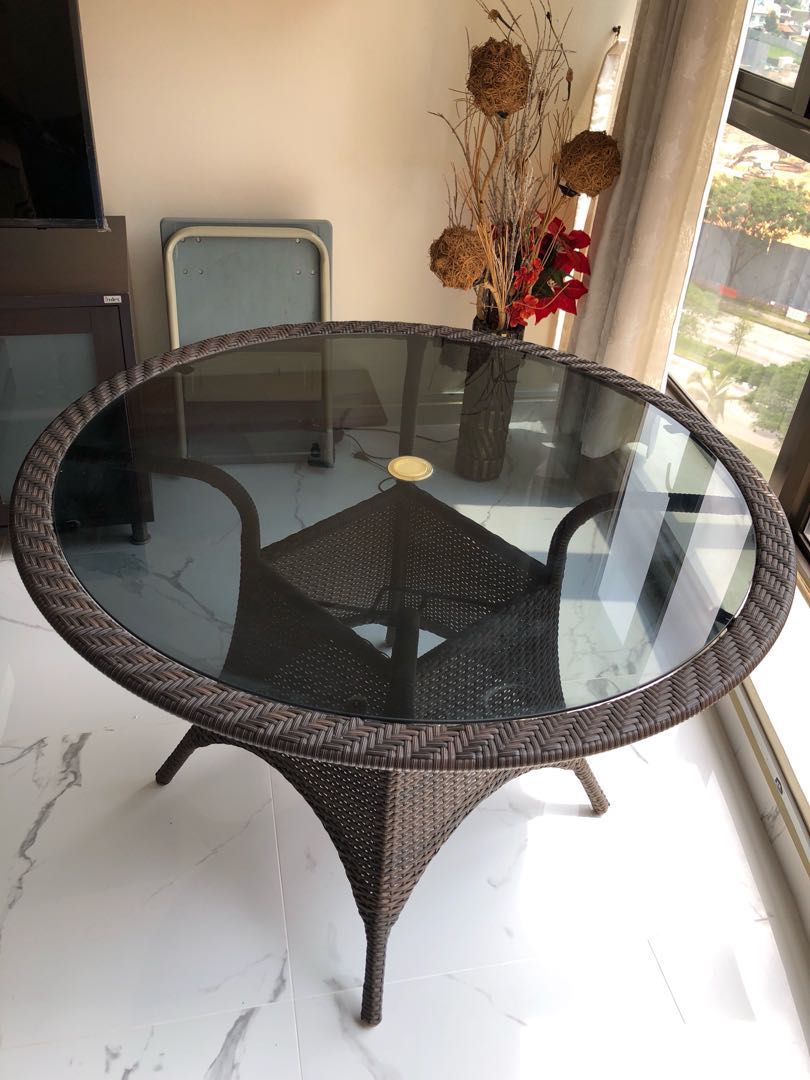 Rattan Round Table with Glass top (110cm), Furniture & Home Living ...