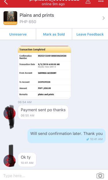 Proof of payment thank you on Carousell