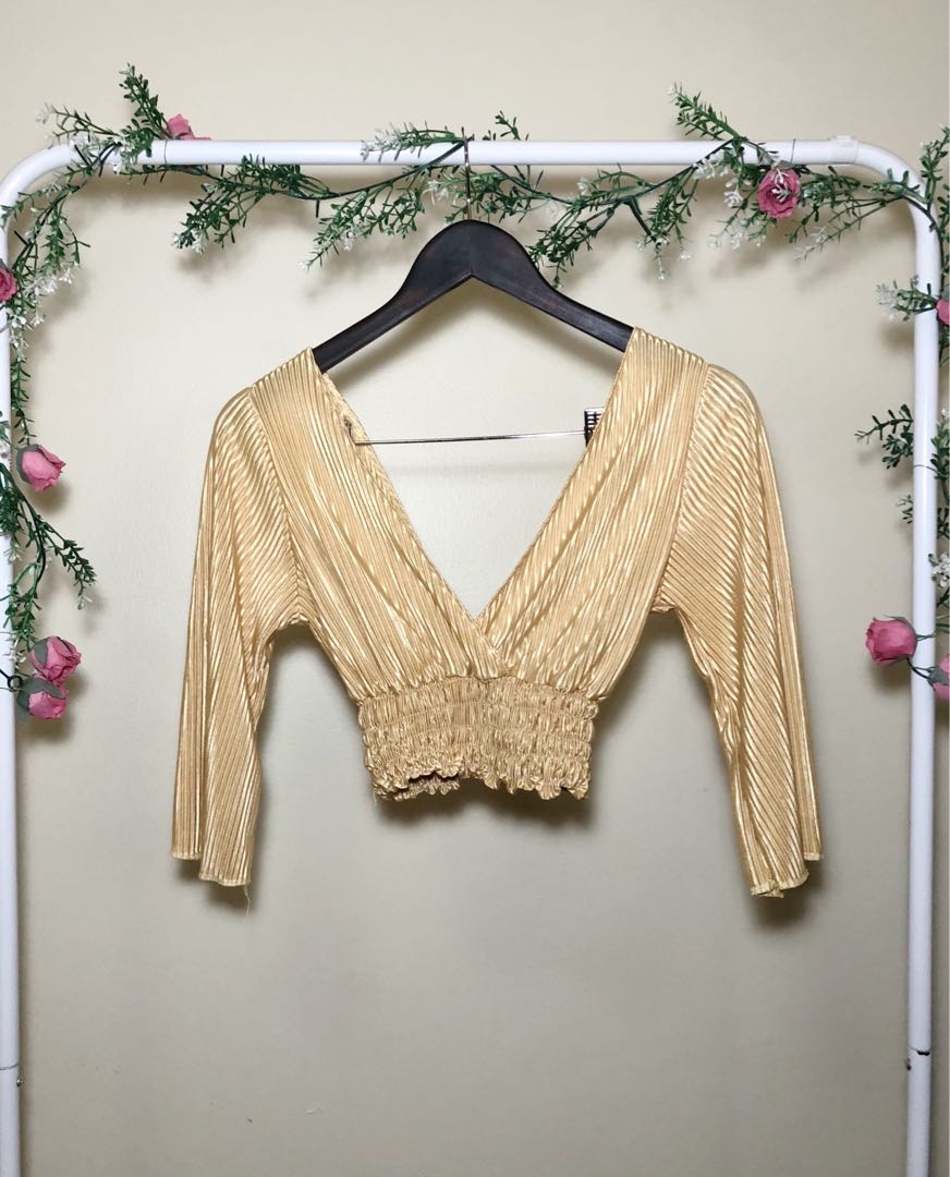 Gold Pleated Top, Women's Fashion, Tops, Blouses on Carousell