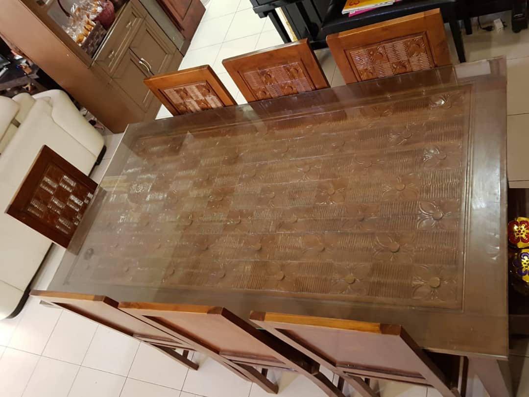 Dining Table Solid Jati 8 seaters w alas kaca, Furniture & Home Living ...