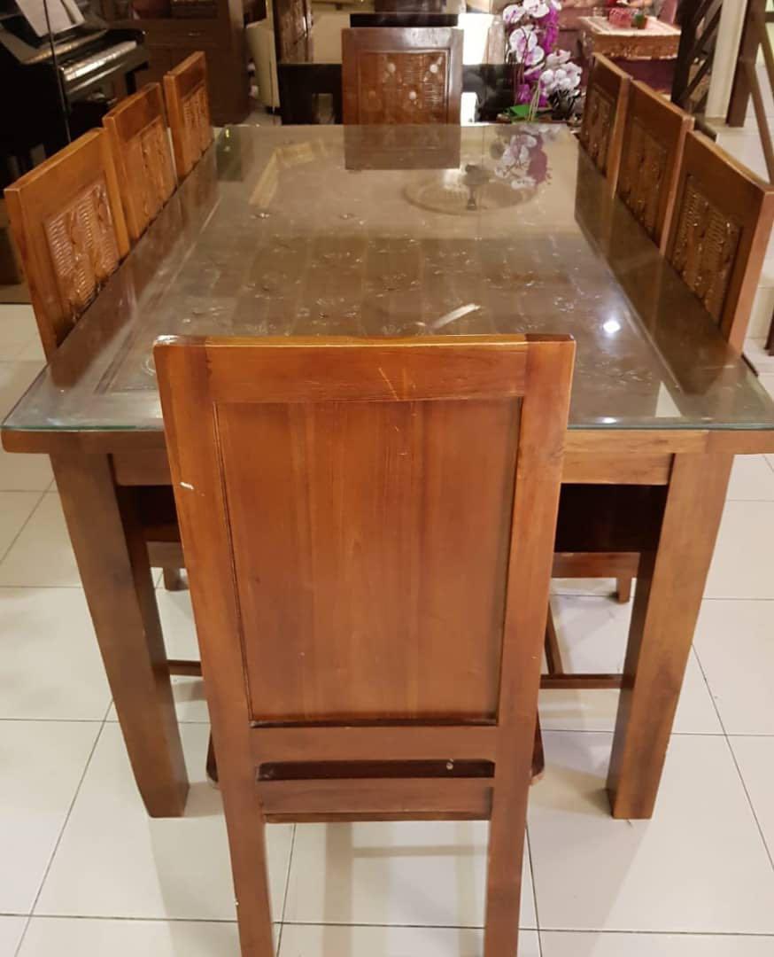 Dining Table Solid Jati 8 seaters w alas kaca, Furniture & Home Living ...