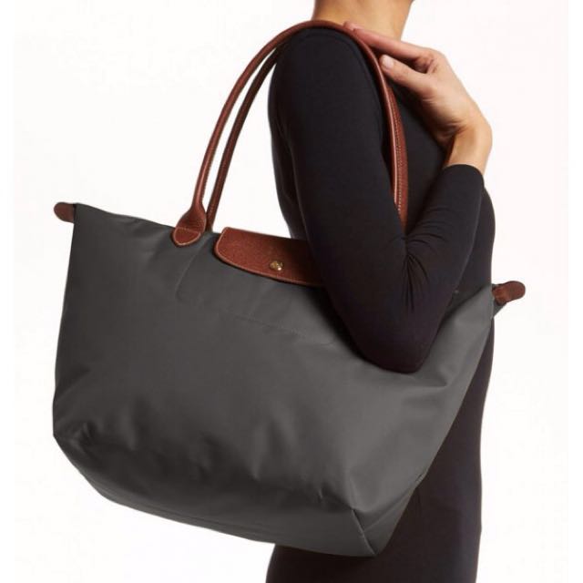 LONGCHAMP 1899 large le pliage graphite Long handle tote bag, Luxury ...