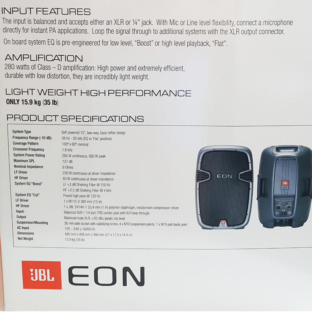 2 x JBL EON 315-CH. Active speakers (self powered amplification), 音響器材, Soundbar、揚聲器、藍牙喇叭、耳擴 ...