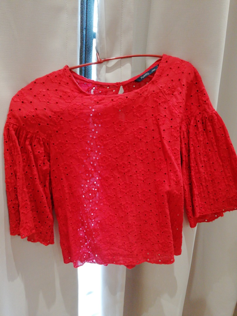 Eyelet lace red top, Women's Fashion, Tops, Blouses on Carousell