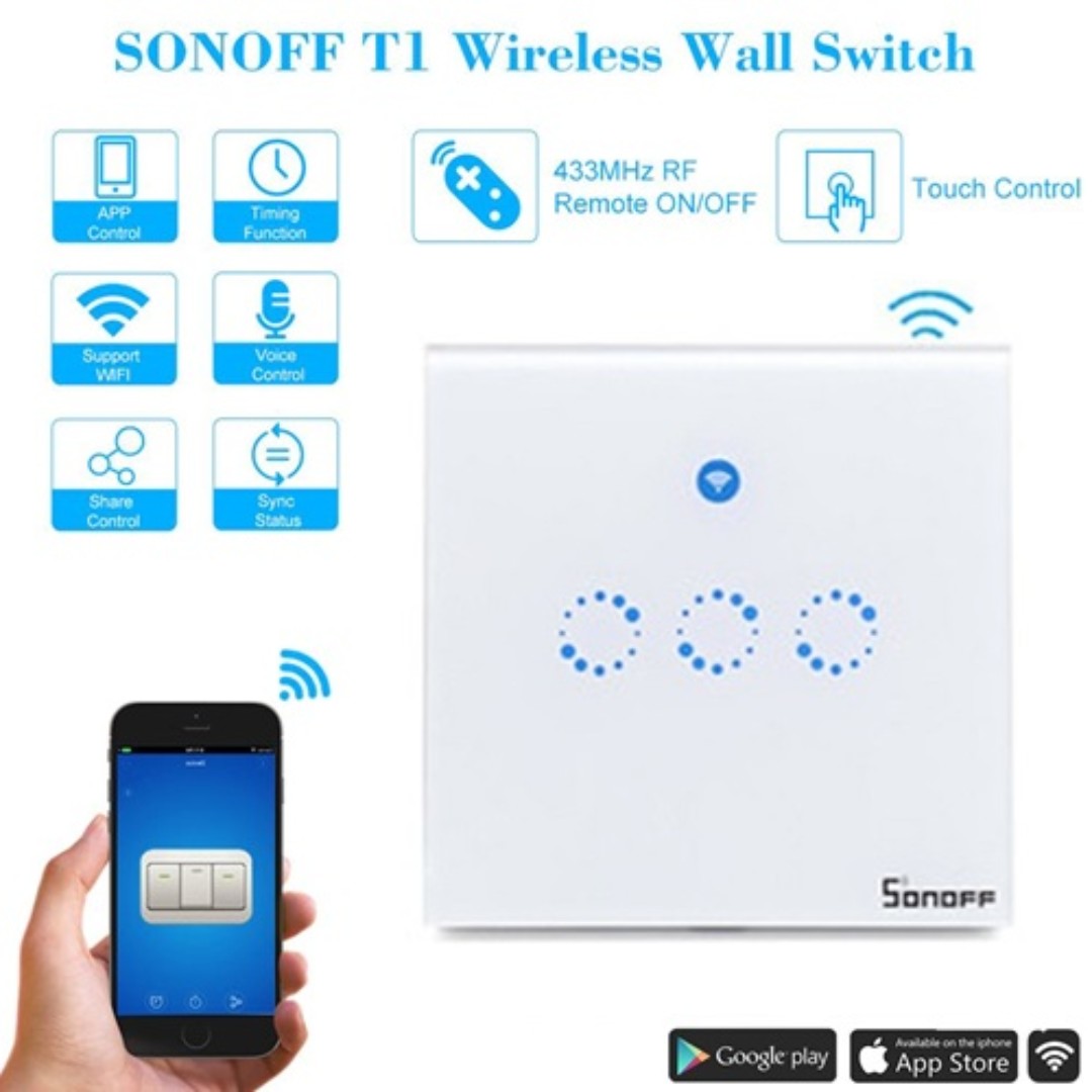 SONOFF T1 3 Button WiFi & 433mhz RF Wall Smart Touch Switch, Mobile ...