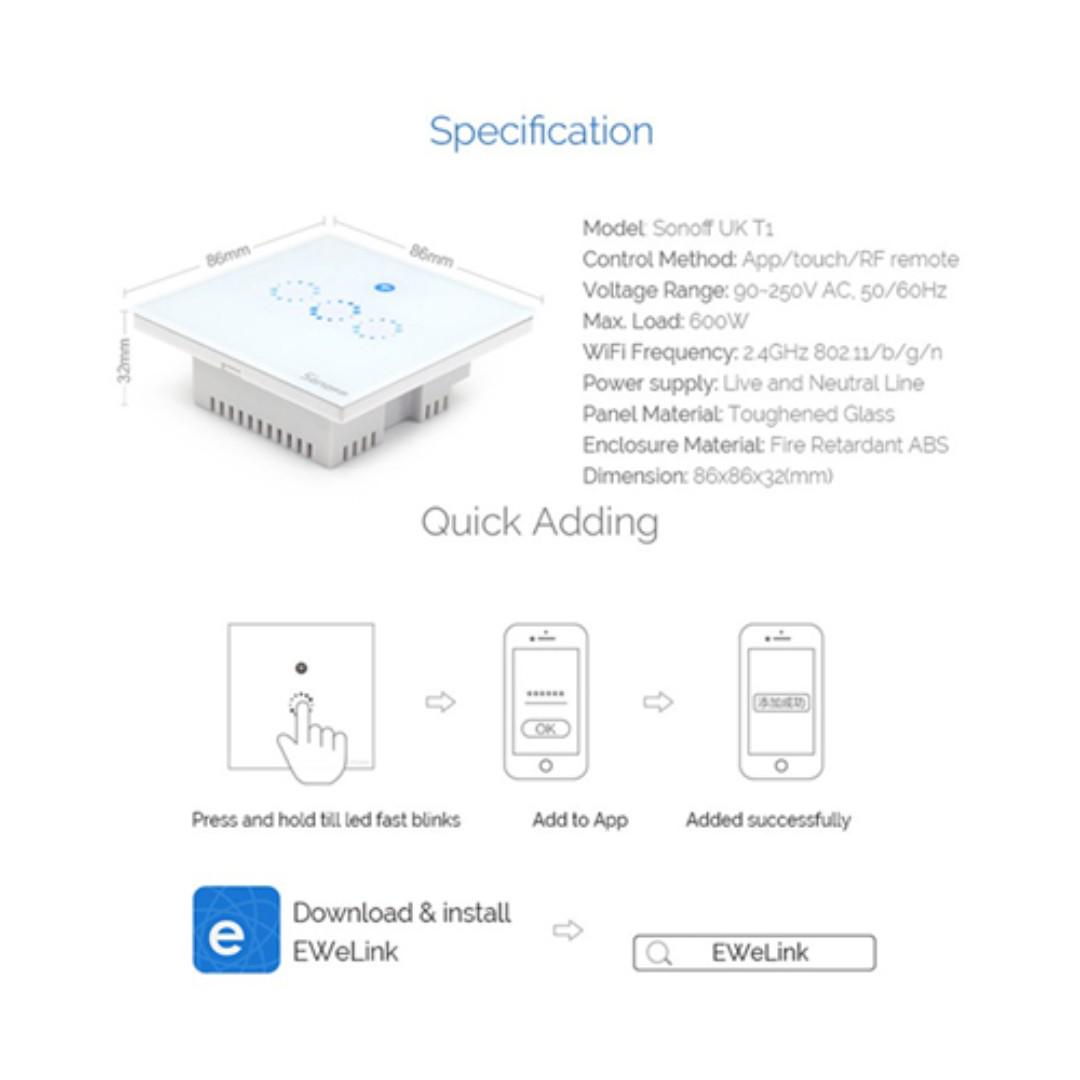 SONOFF T1 3 Button WiFi & 433mhz RF Wall Smart Touch Switch, Mobile ...