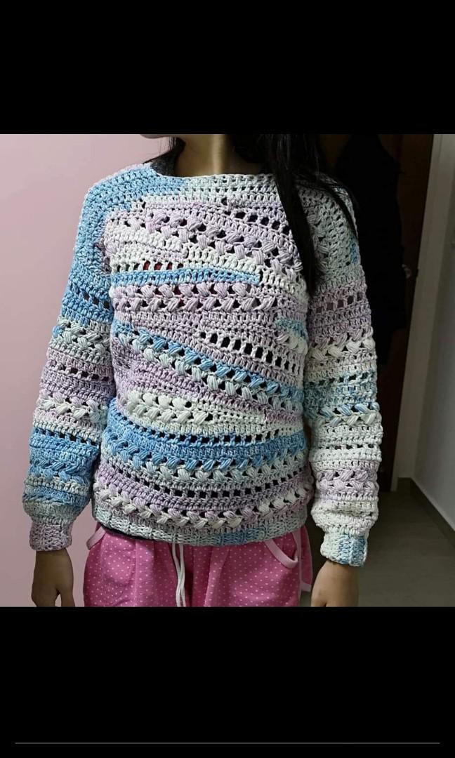 Crochet sweater in blue hue candy coloured yarn, Women's Fashion ...