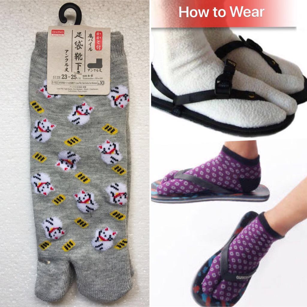 Daiso Women Low Pile Tabi Flipflop & Sandal Socks: Gray in Cat Print ...