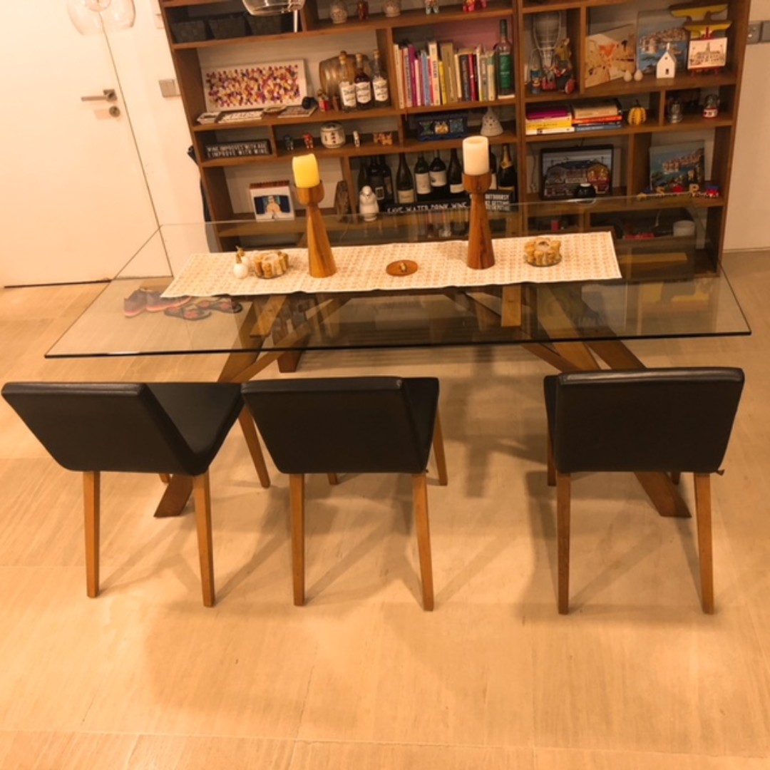 Pre-loved dining table, bench and 3 leather dining chairs, Furniture ...