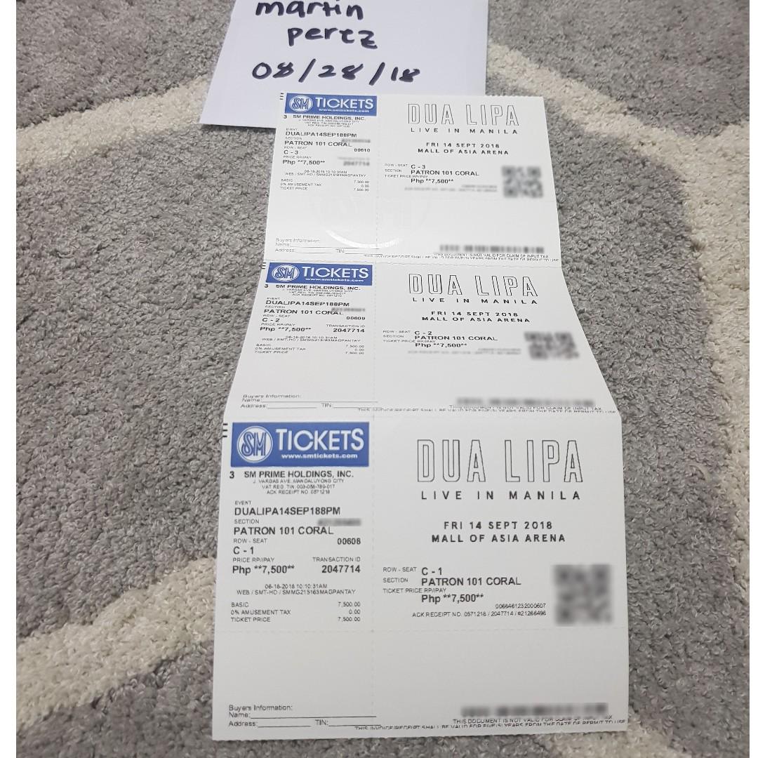 1 x Dua Lipa Live In Manila 2018 - Patron 101 Coral , Tickets ...