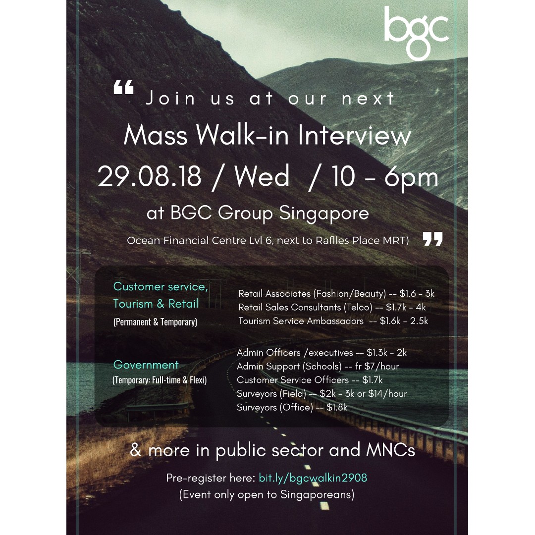 Mass Walk-in Interview on 29/08 at BGC Group, Jobs, Admin & Finance on Carousell