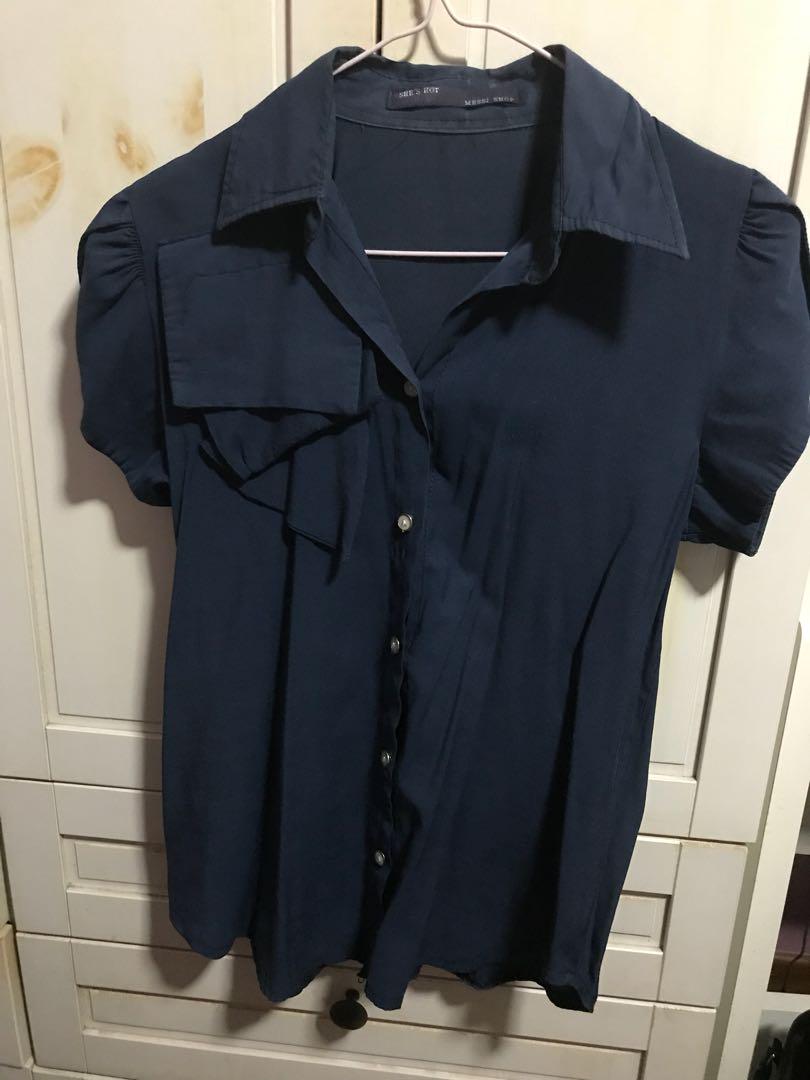 Navy blue work blouse, Women's Fashion, Tops, Blouses on Carousell