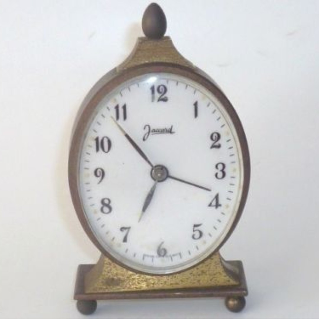VINTAGE ! JACCARD FRANCE BRASS & WHITE ENAMEL TABLE ALARM CLOCK #17 ...