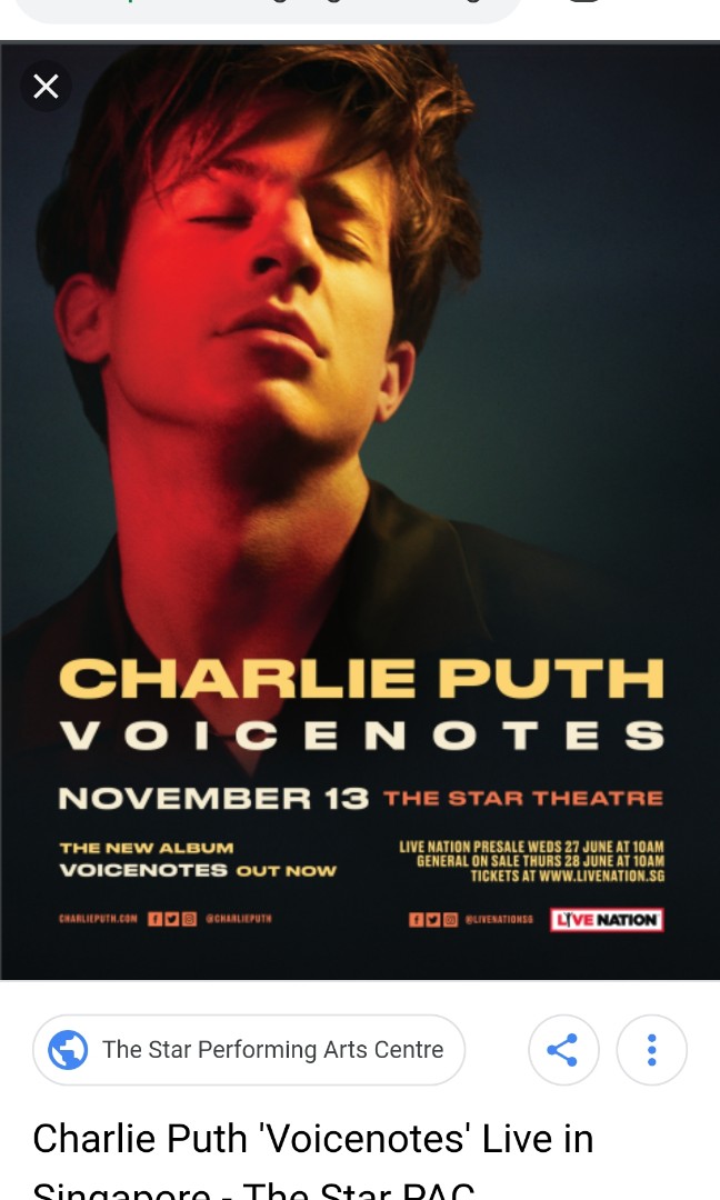 Charlie Puth Concert, Tickets & Vouchers, Event Tickets on Carousell