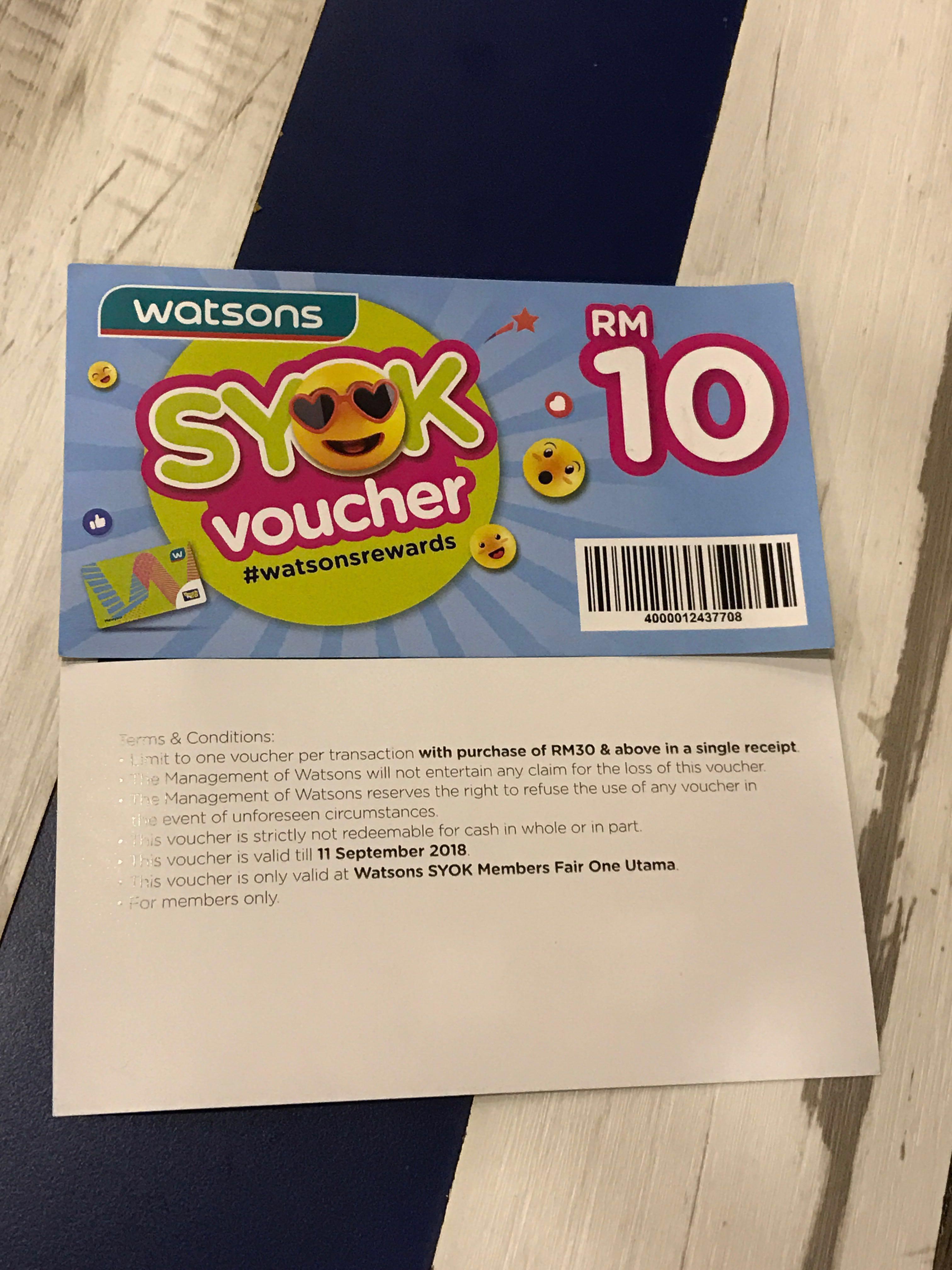 Watsons Syok RM100 Vouchers (RM10 x 10 pieces), Tickets & Vouchers, Vouchers on Carousell