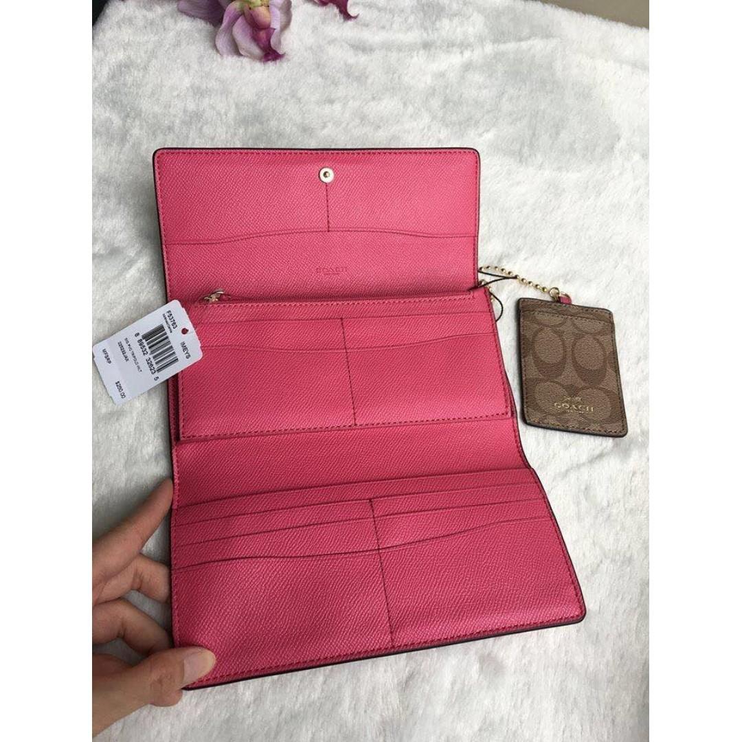 Authentic Coach Trifold Wallet In Signature F53763 - Khaki Pink, Women ...