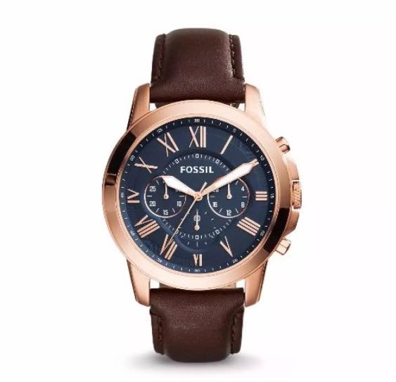 Fossil Grant Chronograph Blue Dial Brown Leather Mens Quartz Watch ...