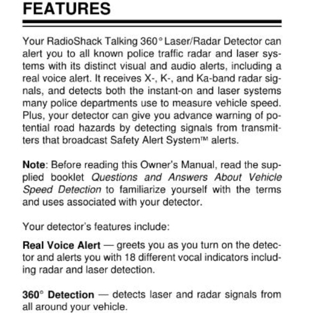 Radioshack 22-1682 360 Degrees Radar Laser Detector, Car Parts ...
