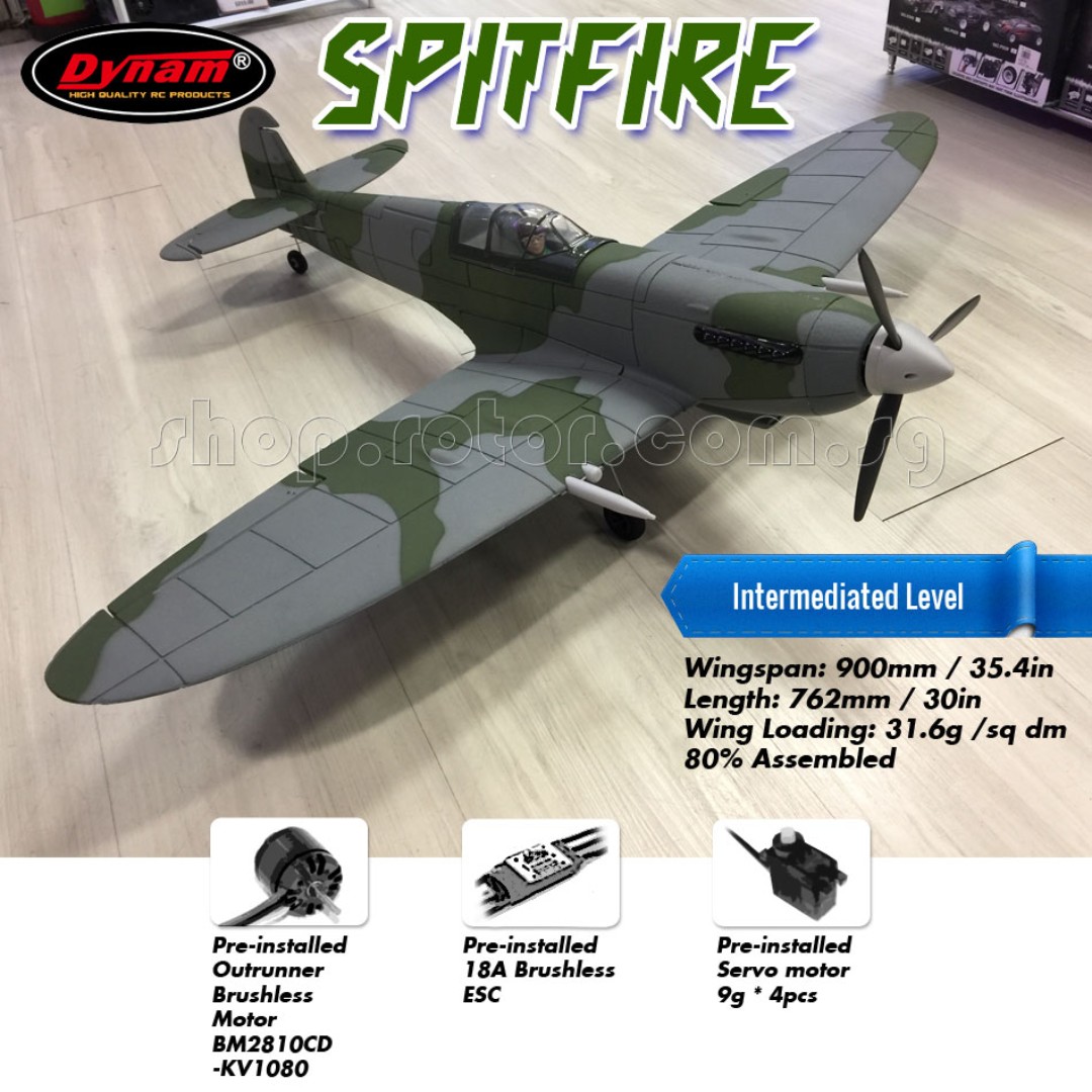 DYNAM Spitfire RC Electric Airplane, 900mm Wingspan, BM2810CD-KV1080 ...