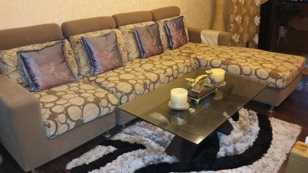 L-Shaped Sofa with designer coffee table, Furniture & Home Living ...