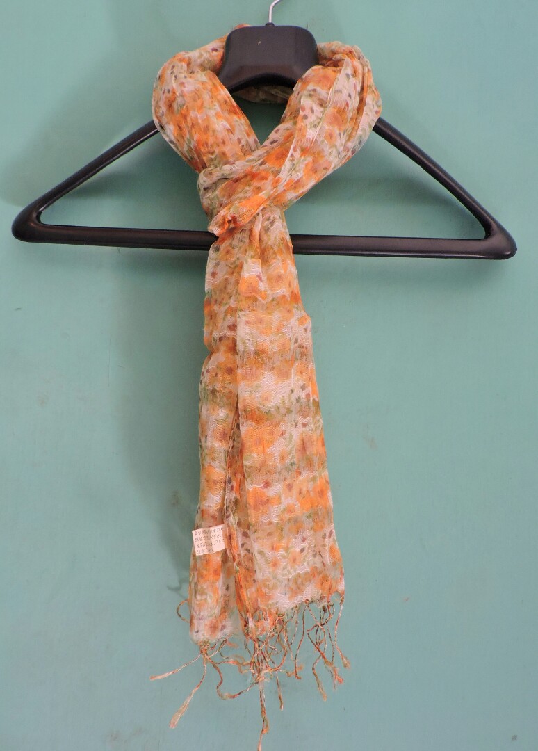 Vintage Orange and Green Floral Striped Silk Sheer Scarf, Fesyen Wanita ...