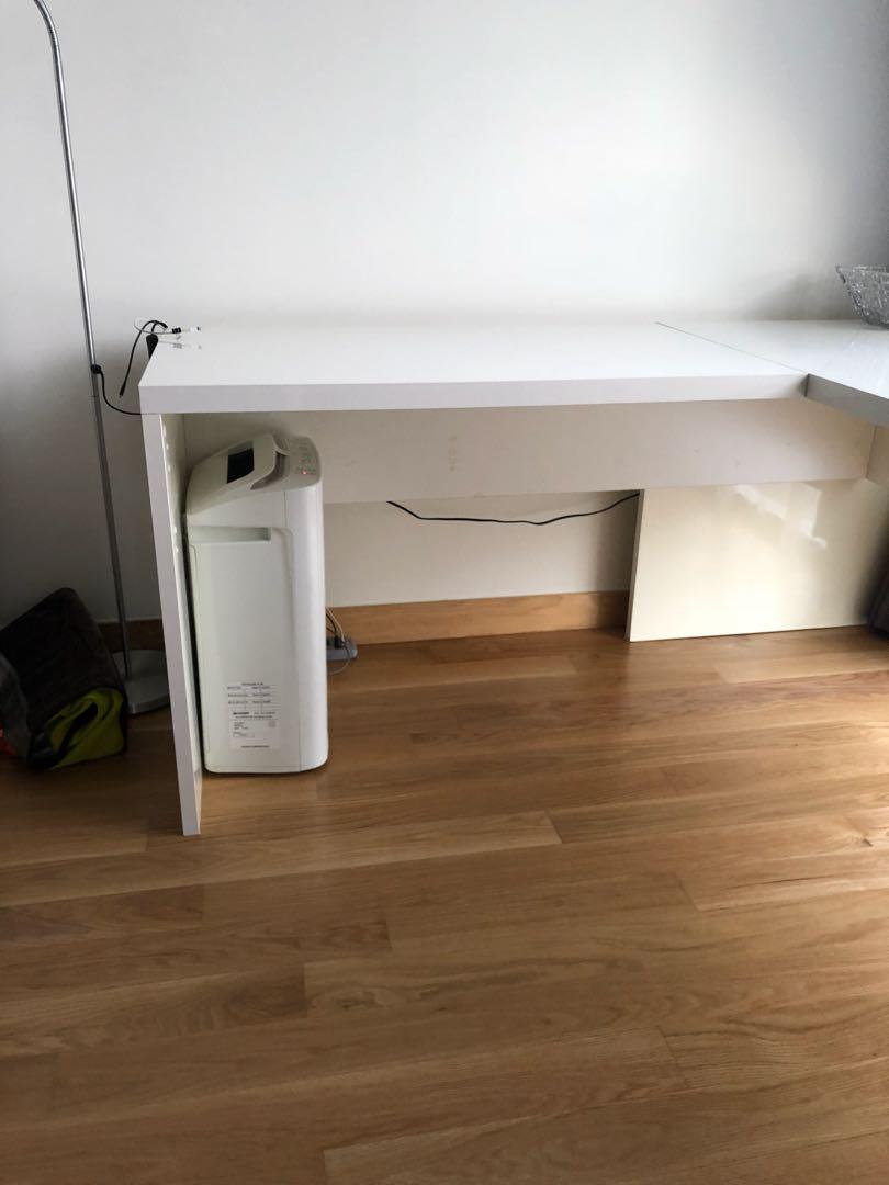 L-shape study table ( high gloss white), Furniture & Home Living ...