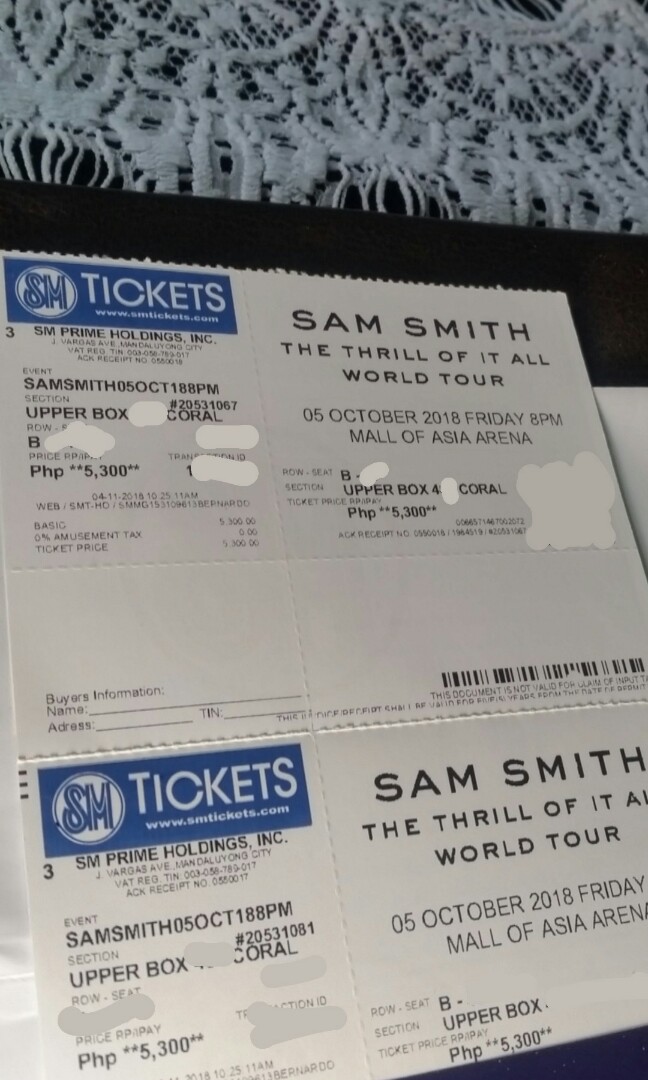 SAM SMITH CONCERT TICKET Upper Box second row on Carousell
