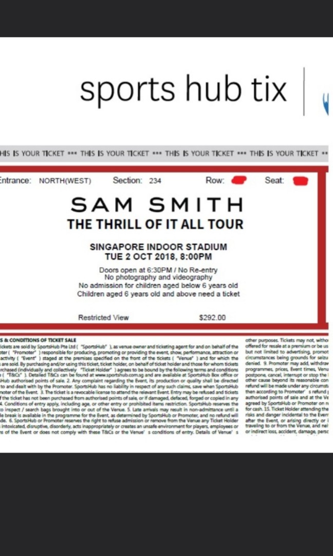 SAM SMITH Singapore Indoor Stadium Concert $292 value, Tickets ...