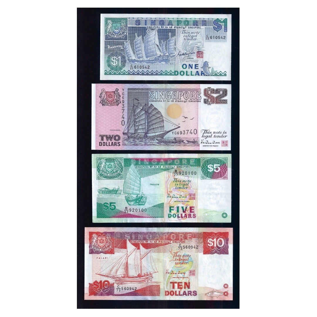 Banknote - Set of 4 Singapore $1 $2 $5 $10 Vessel Boat Ships Series AU ...