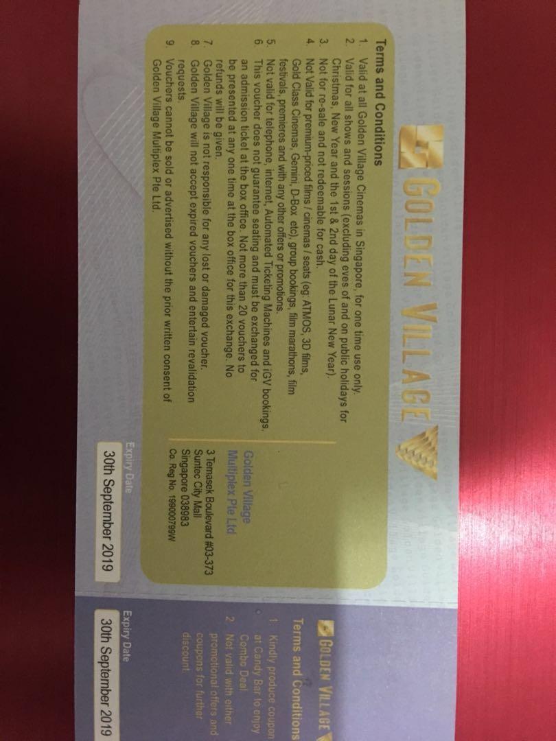 Golden Village movie tickets, Tickets & Vouchers, Vouchers on Carousell