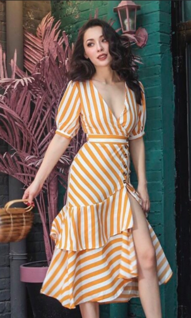 V- neck striped pine layered lotus dress, Women's Fashion, Tops ...