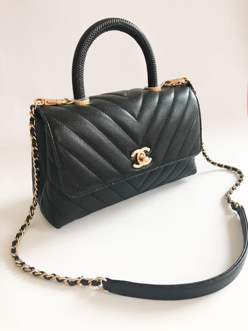 CHANEL coco handle Small caviar chevron Lizard handle black ghw, Fesyen ...