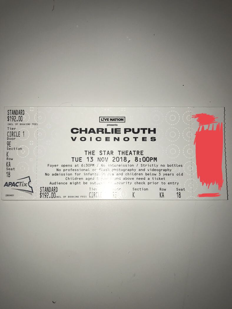 Charlie Puth Concert Ticket, Tickets & Vouchers, Event Tickets on Carousell