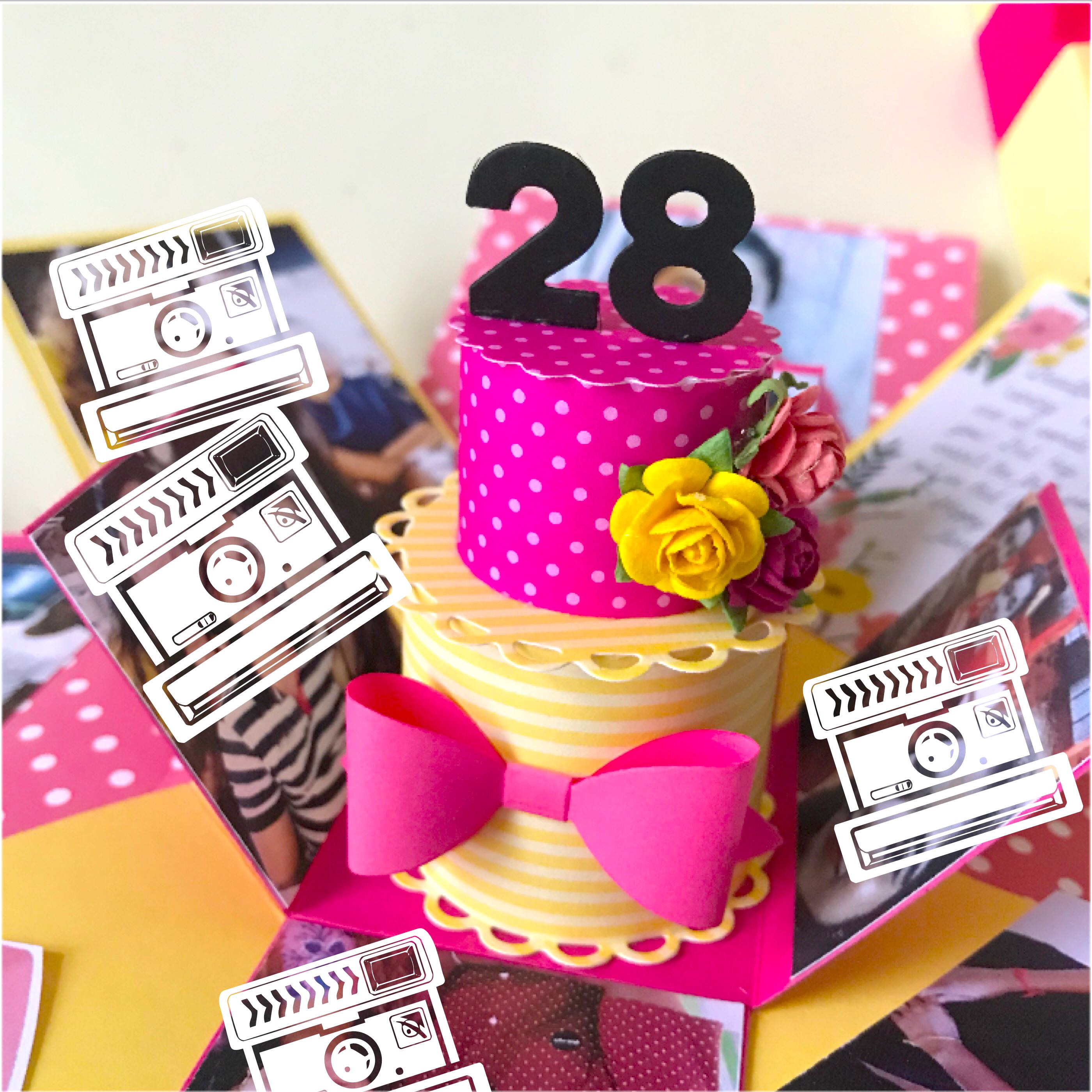 Happy 28 birthday Explosion Box card in hot pink and yellow, Hobbies ...