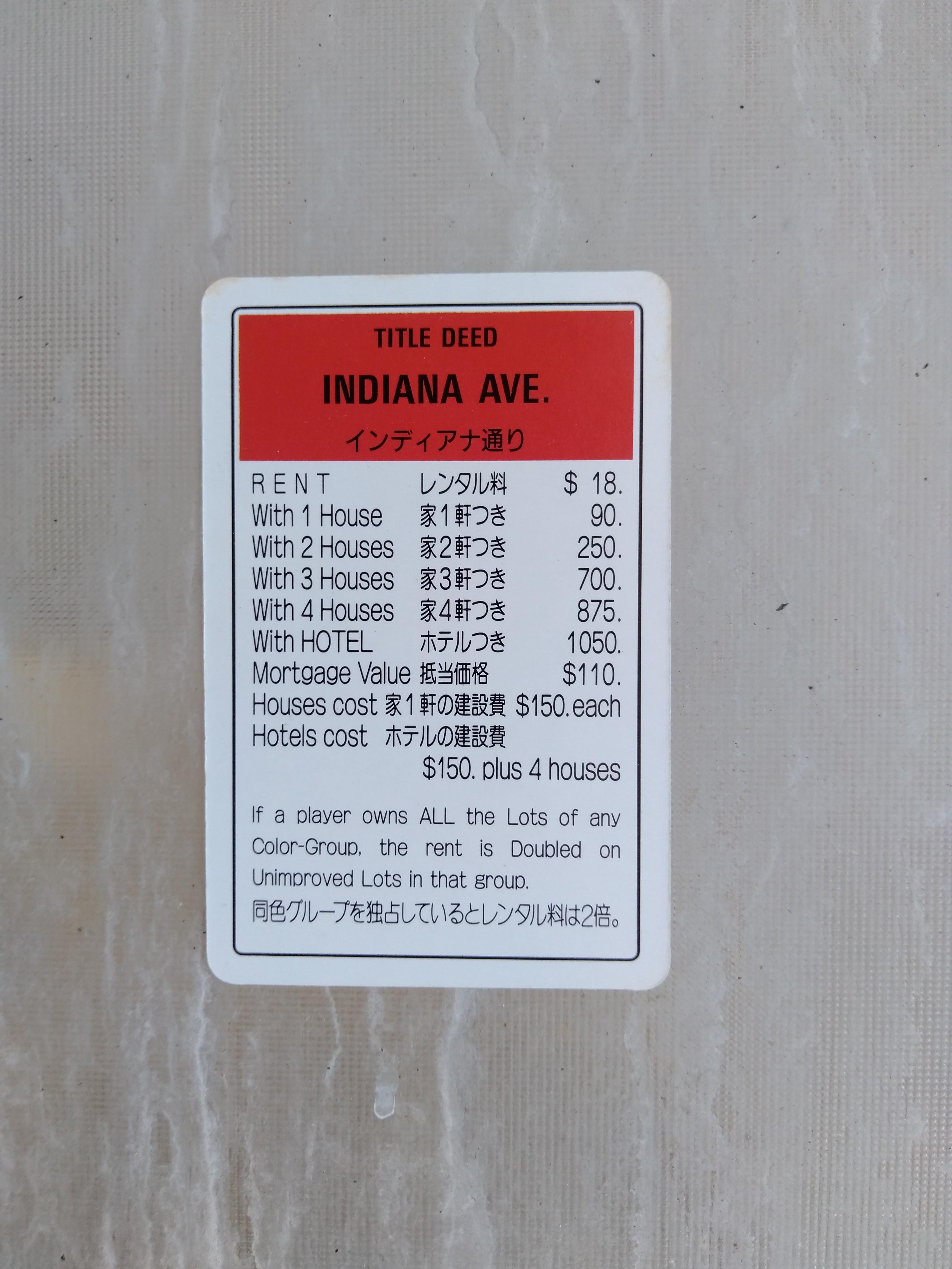 Monopoly deed indiana ave., Hobbies & Toys, Toys & Games on Carousell