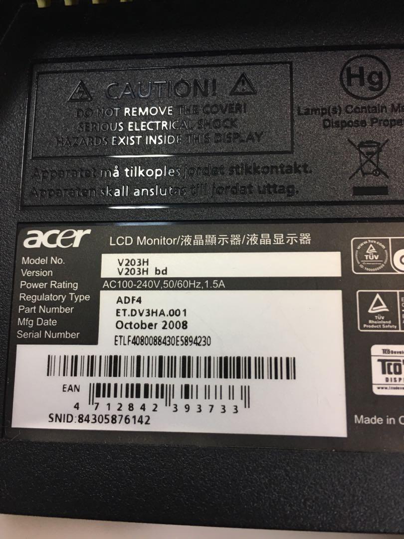 Acer LCD Monitor V203H, Computers & Tech, Parts & Accessories, Monitor ...