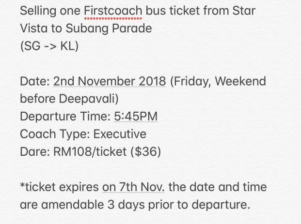 Firstcoach Star Vista to Subang Parade (2nd Nov), Tickets & Vouchers ...
