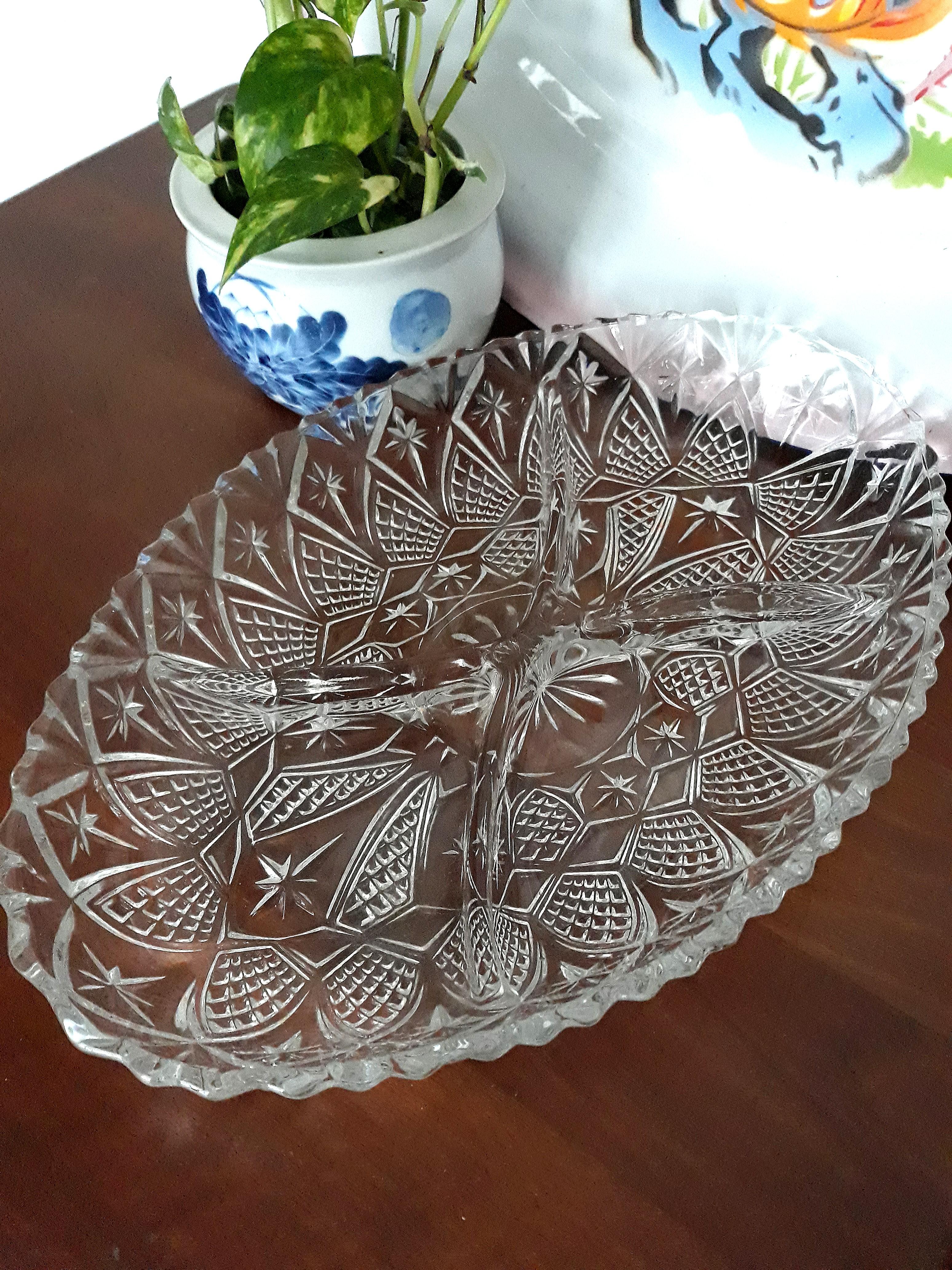 Vintage Crystal Cut Glass Oval Plate / Platter / Serving Tray With 4 ...
