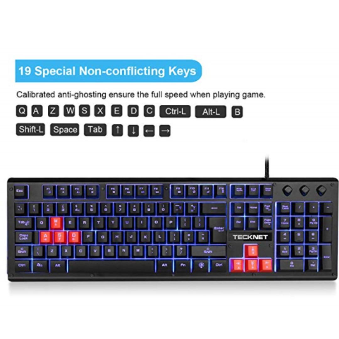 Gaming Keyboard TeckNet 105 keys 3 Color LED Backlit Mechanical Feeling ...