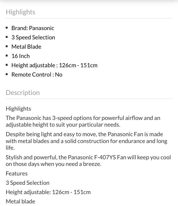 Panasonic StandFan F407YS, Furniture & Home Living, Lighting & Fans ...