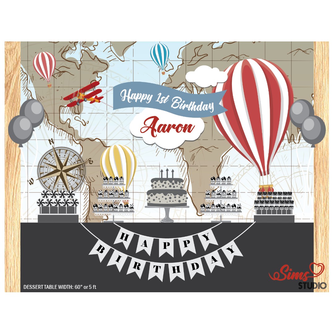 Personalized Vintage Hot Air Balloon Birthday Printable Backdrop, Hot ...