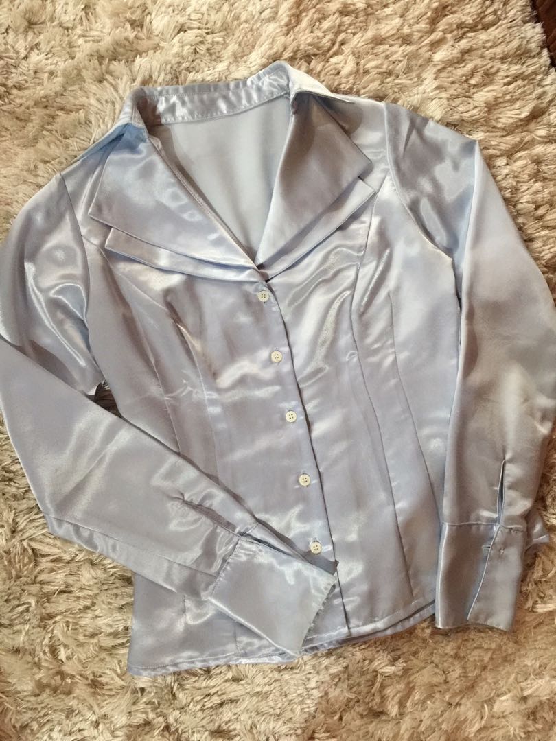 Light blue silk long sleeve, Women's Fashion, Tops, Sleeveless on Carousell