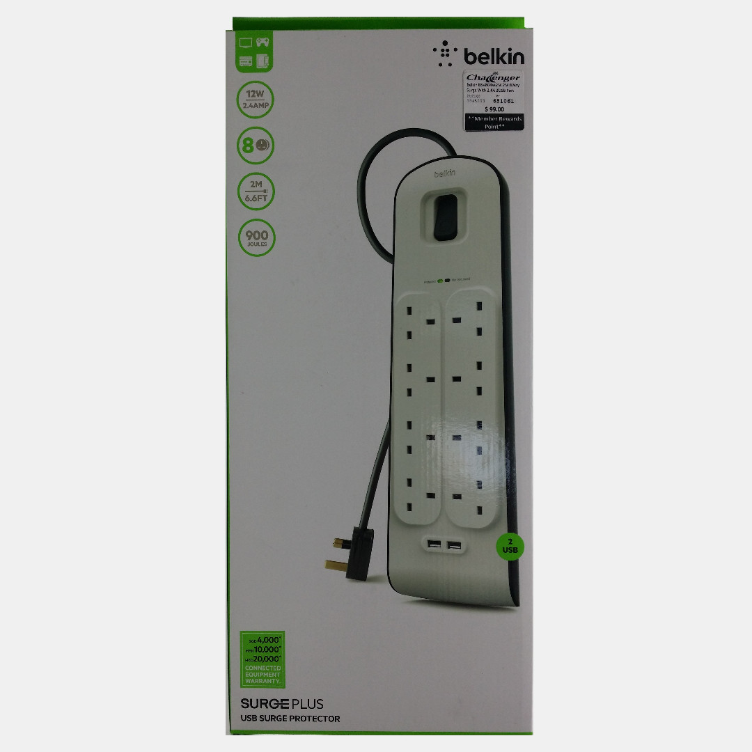 Belkin Surge Plus SurgePlus 8 Socket Surge Protector with 2 USB Ports ...