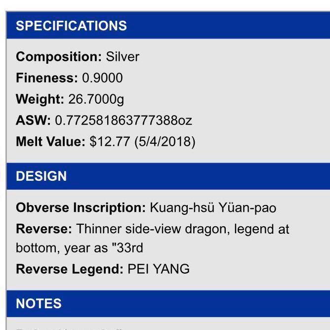 Coin - China 1908 - 34th year of Kuang Hsu Pei Yang 1899 to 1908 Silver ...
