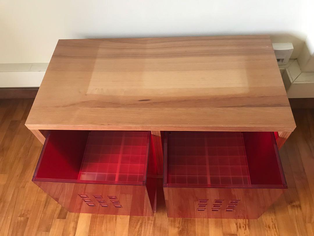 Wood shelves with IKEA Lekman plastic boxes (RED), Furniture & Home ...