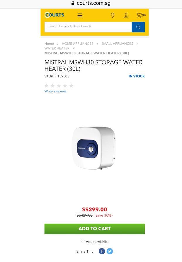 MISTRAL MSWH30 STORAGE WATER HEATER (30L), TV & Home Appliances, Water ...