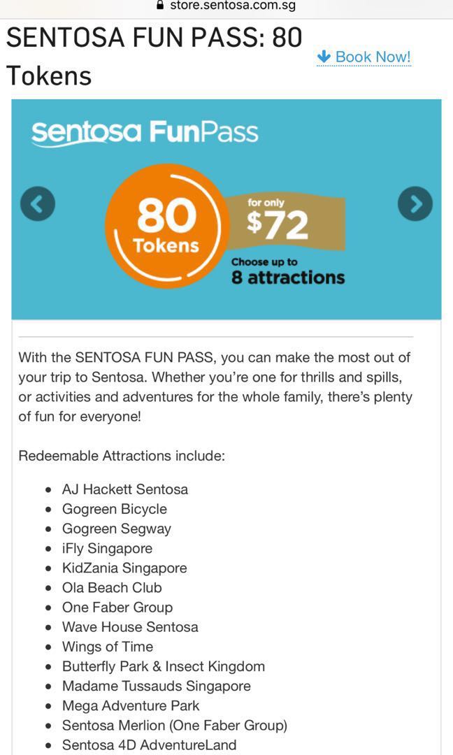 Sentosa fun pass 80 tokens, Tickets & Vouchers, Local Attractions ...